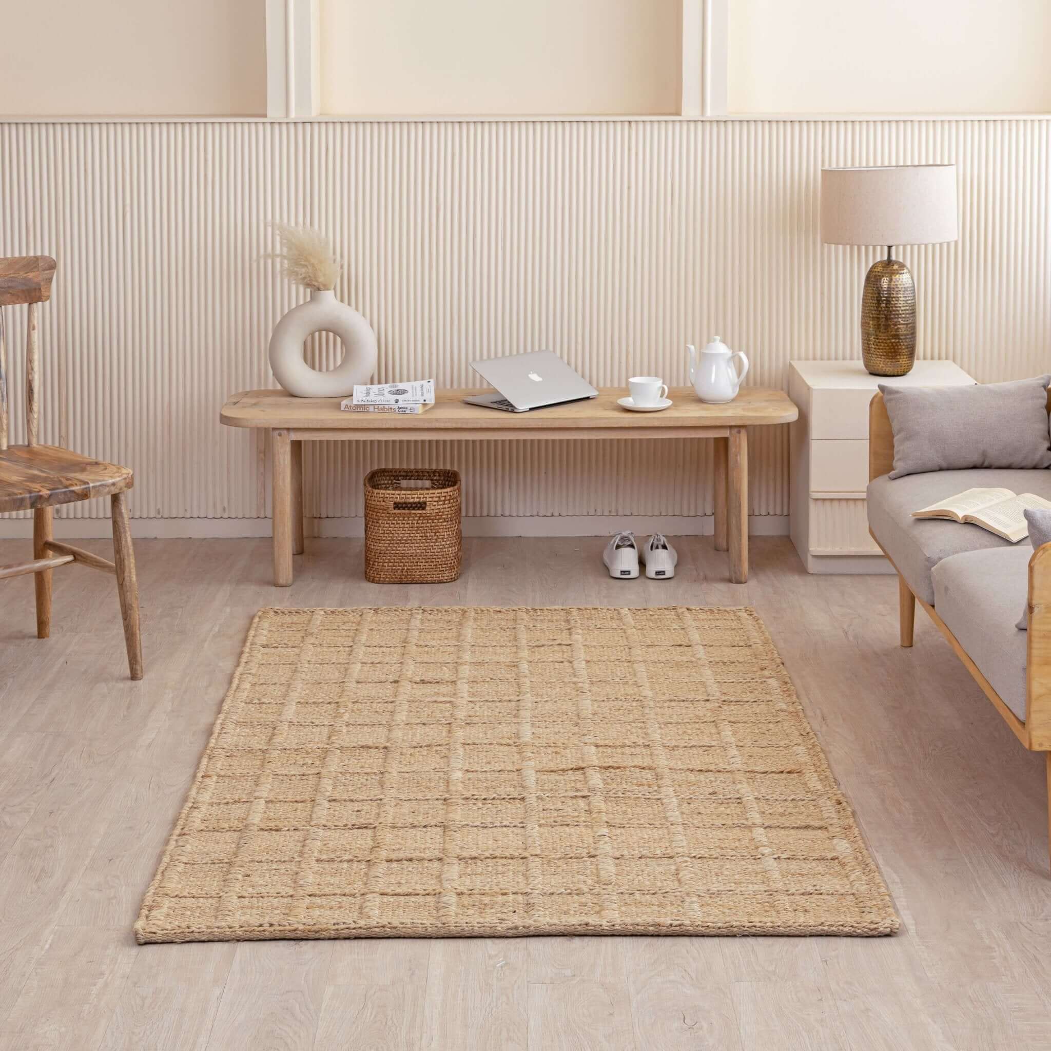 Grid Pattern Hemp Rug – Handwoven Natural Minimalist Area Carpet