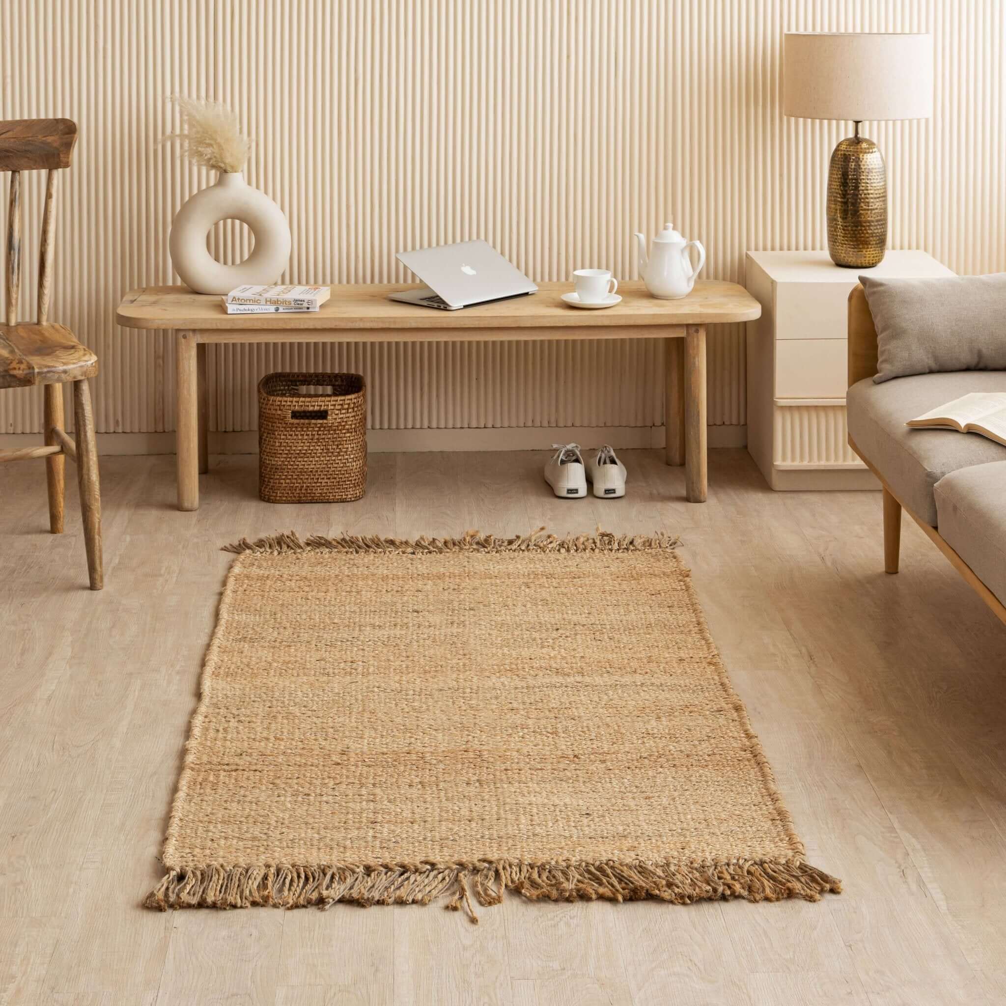 Rustic Hemp Flatweave Rug – Handwoven Natural Rug with Fringe